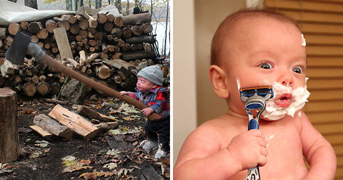 Radostný otec robí fotografiu svojho syna „zaneprázdneného“ mužskými ...